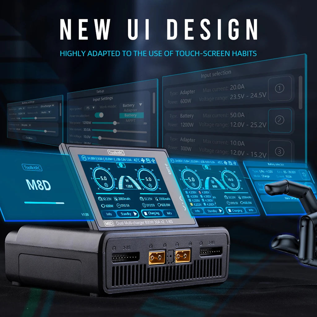 ToolkitRC M8D 1600W 50A Touchscreen Dual Channels Charger 3.5'' Flip – QWinOut